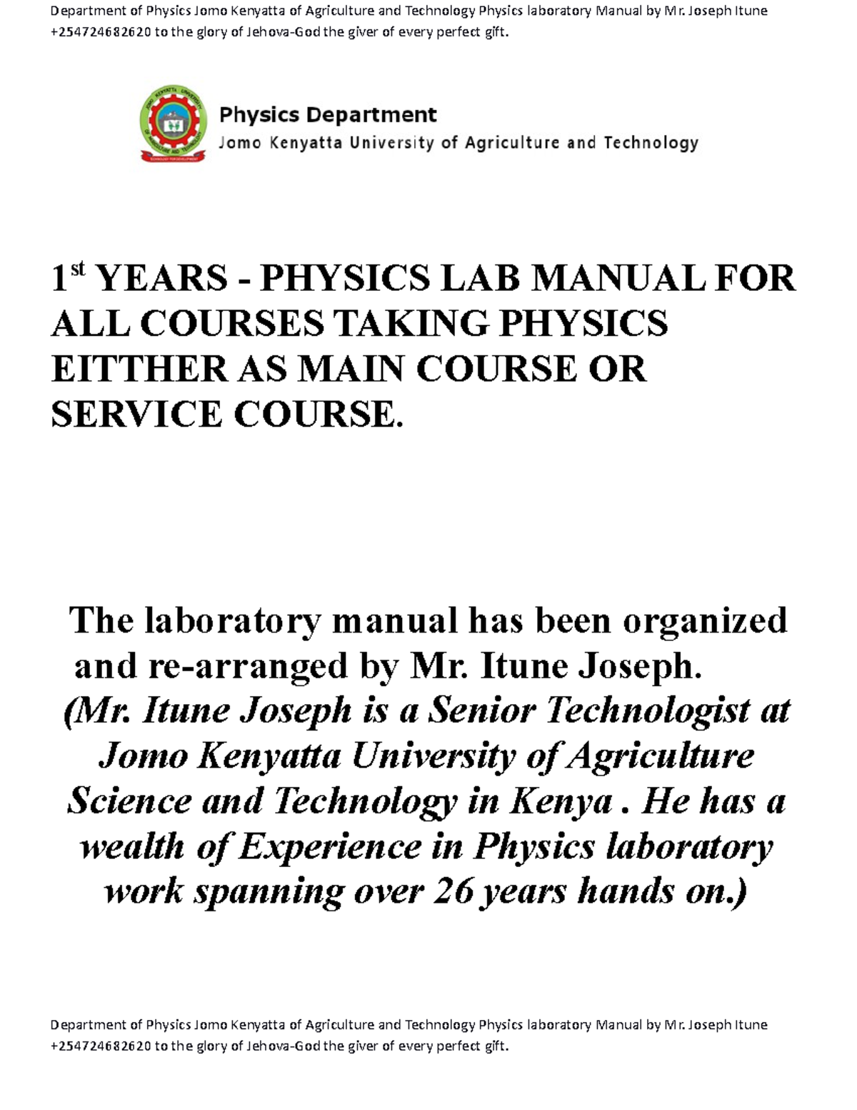First Year Physics Lab Manual - 2023-2024 by Mr. Itune Joseph - Studocu