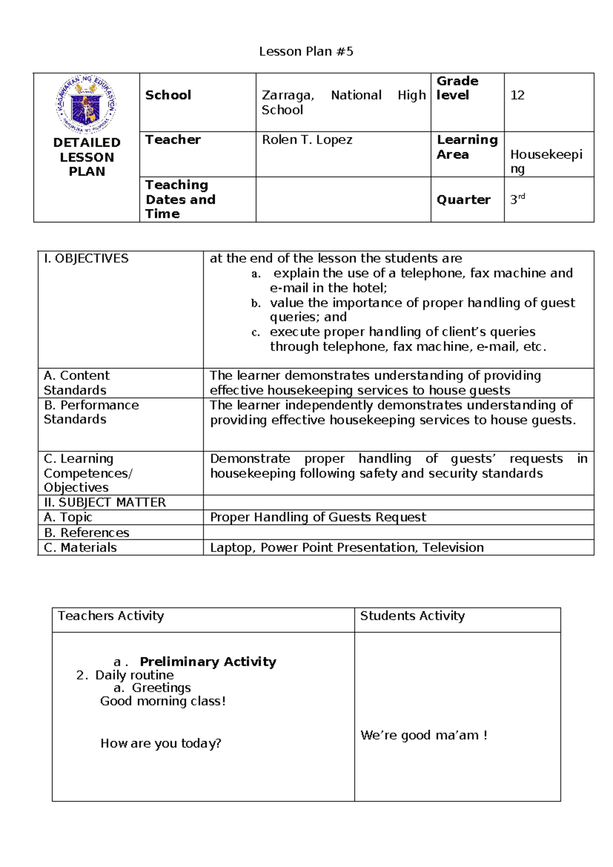 Lesson Plan #5: Effective Handling of Guest Requests in Housekeeping ...
