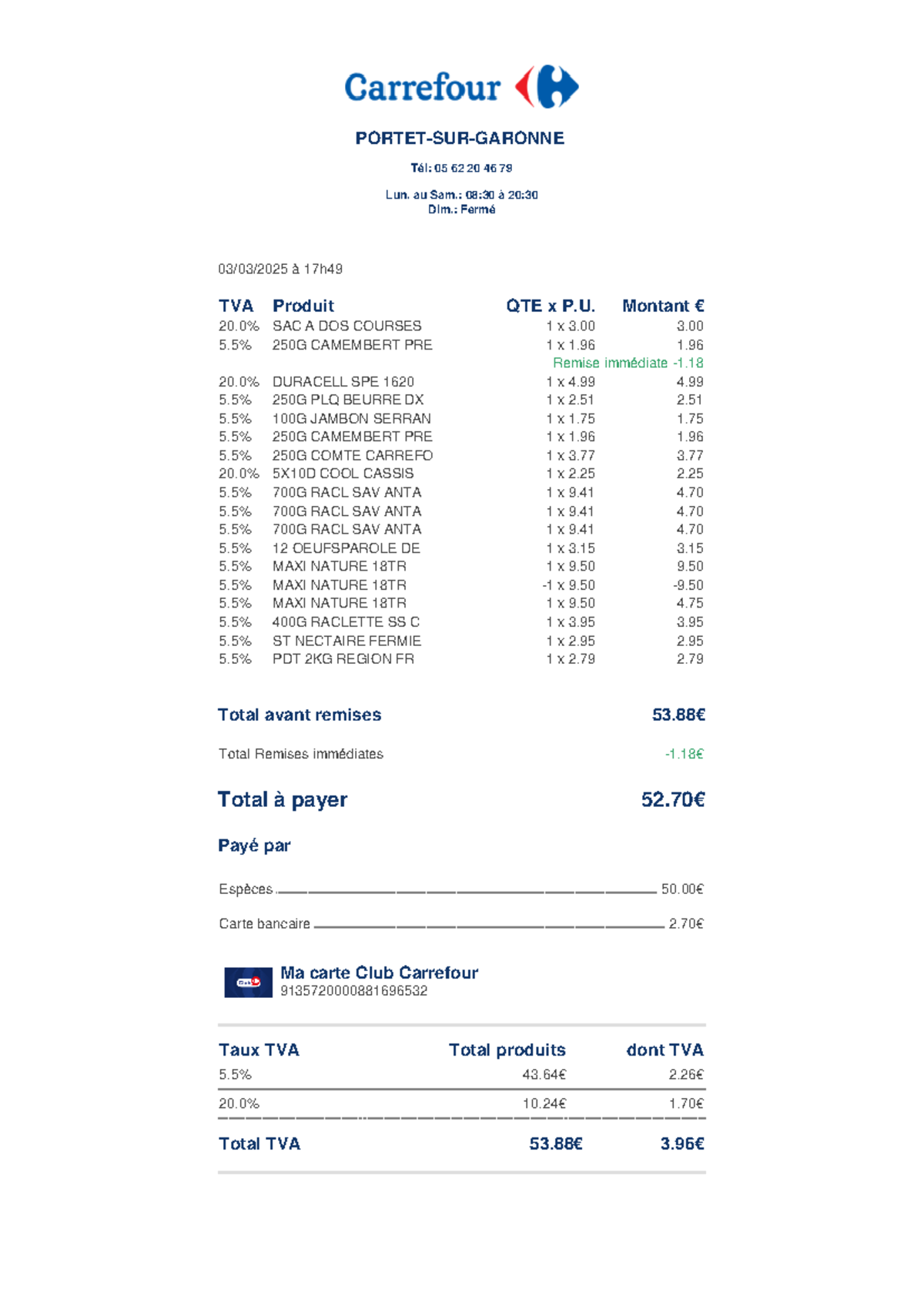 Bill Receipt - Carrefour Purchase on 03/03/2025 (Ref: 20250303) - Studocu
