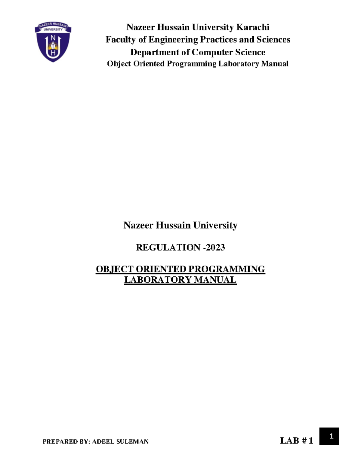 Object Oriented Programming Lab Manual - Lab # 1 (2023) - Studocu
