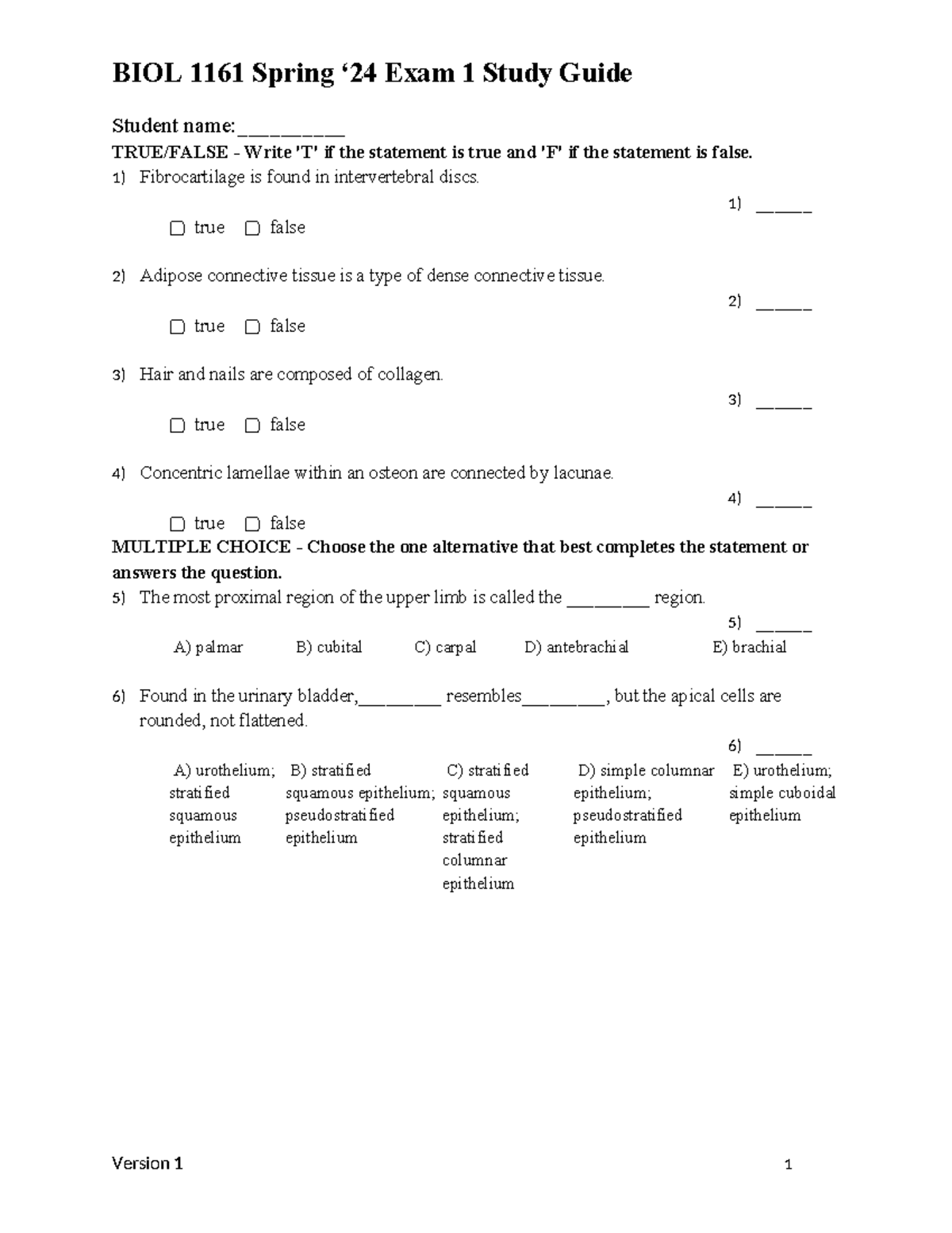 BIOL 1161 Spring Exam 1 Comprehensive Study Guide - Studocu