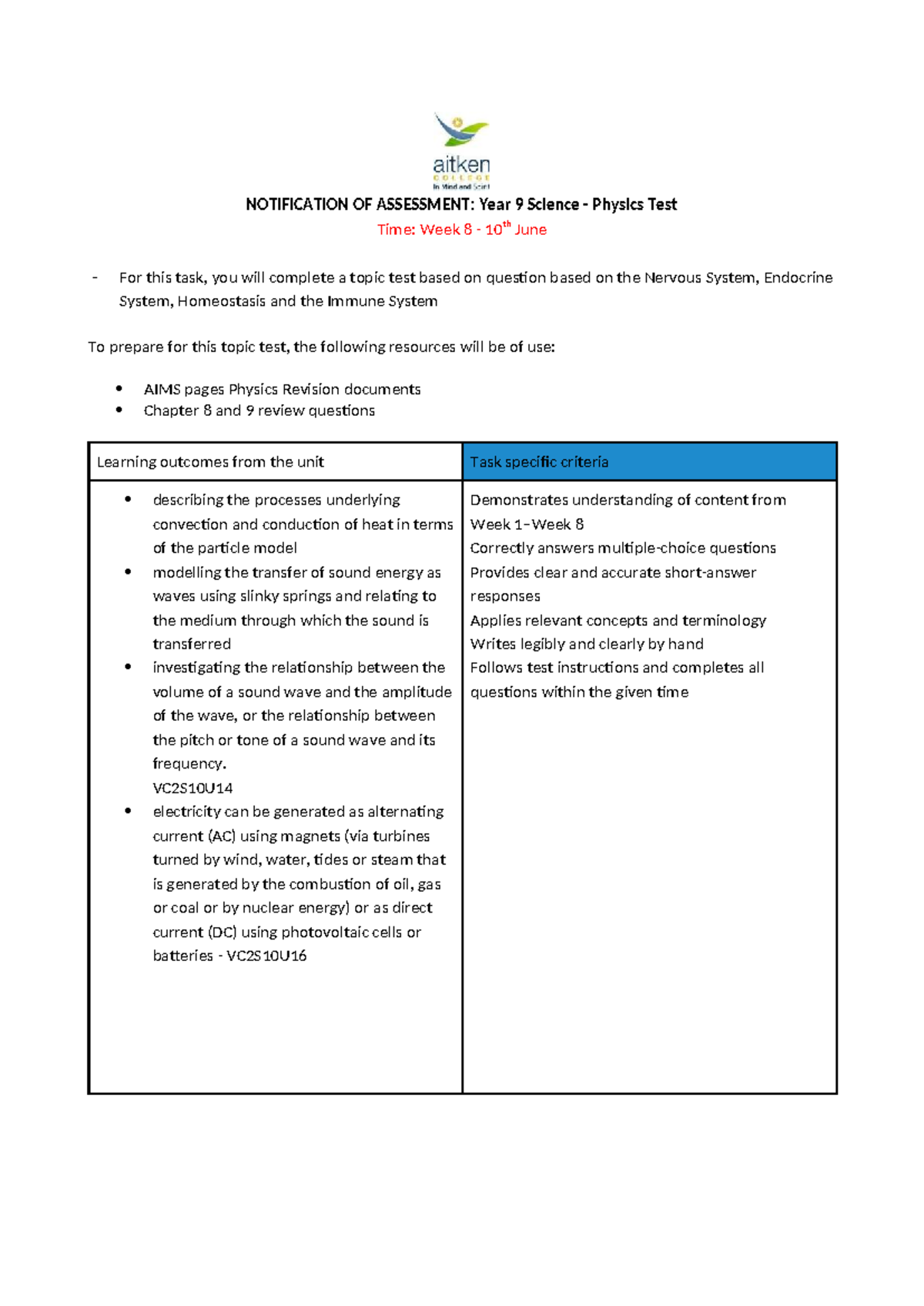 2026 VC2S10U14 Year 9 Physics Topic Test Notification - Studocu