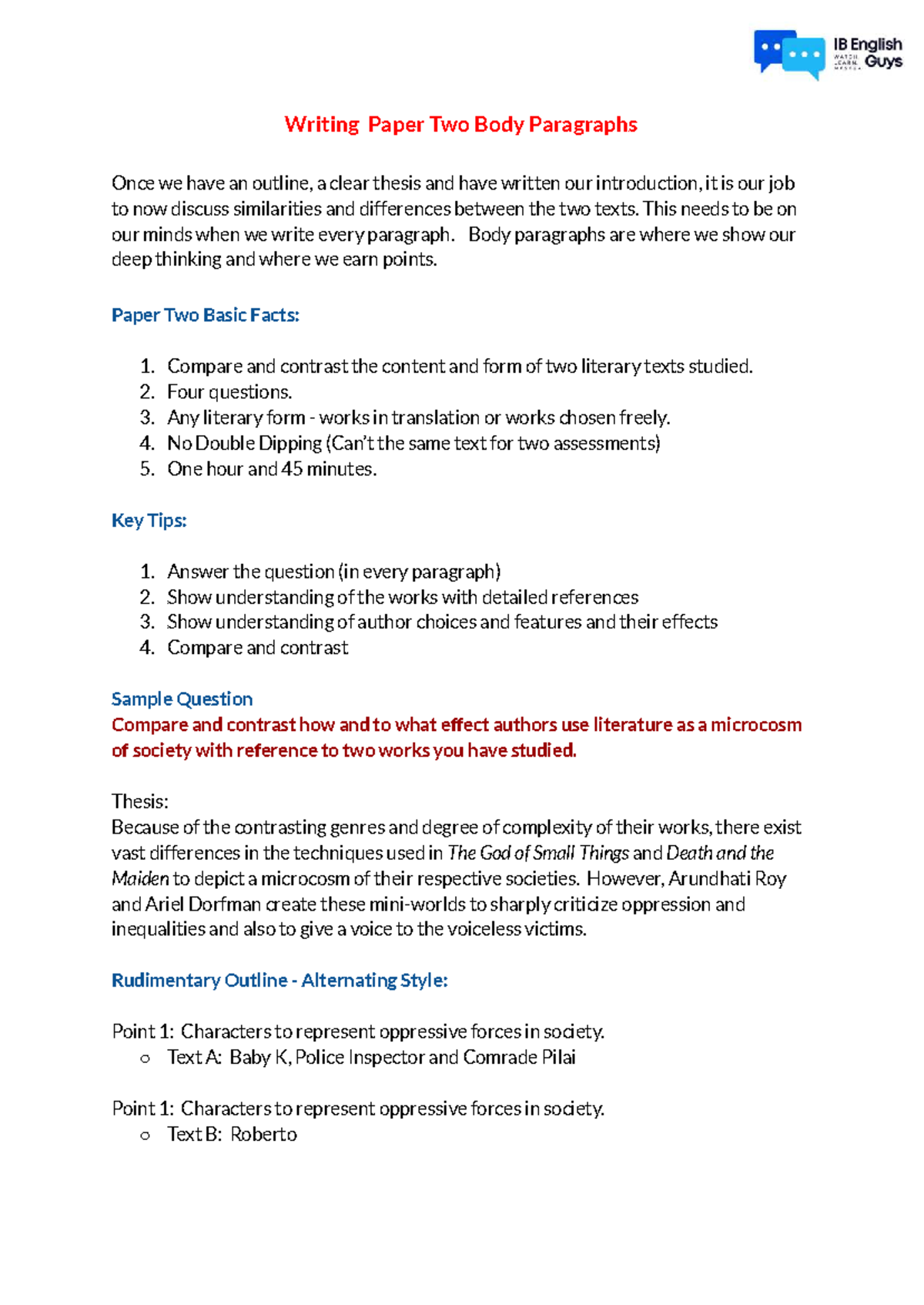 100 - Writing Paper Two Body Paragraphs: Comparing Texts - Studocu
