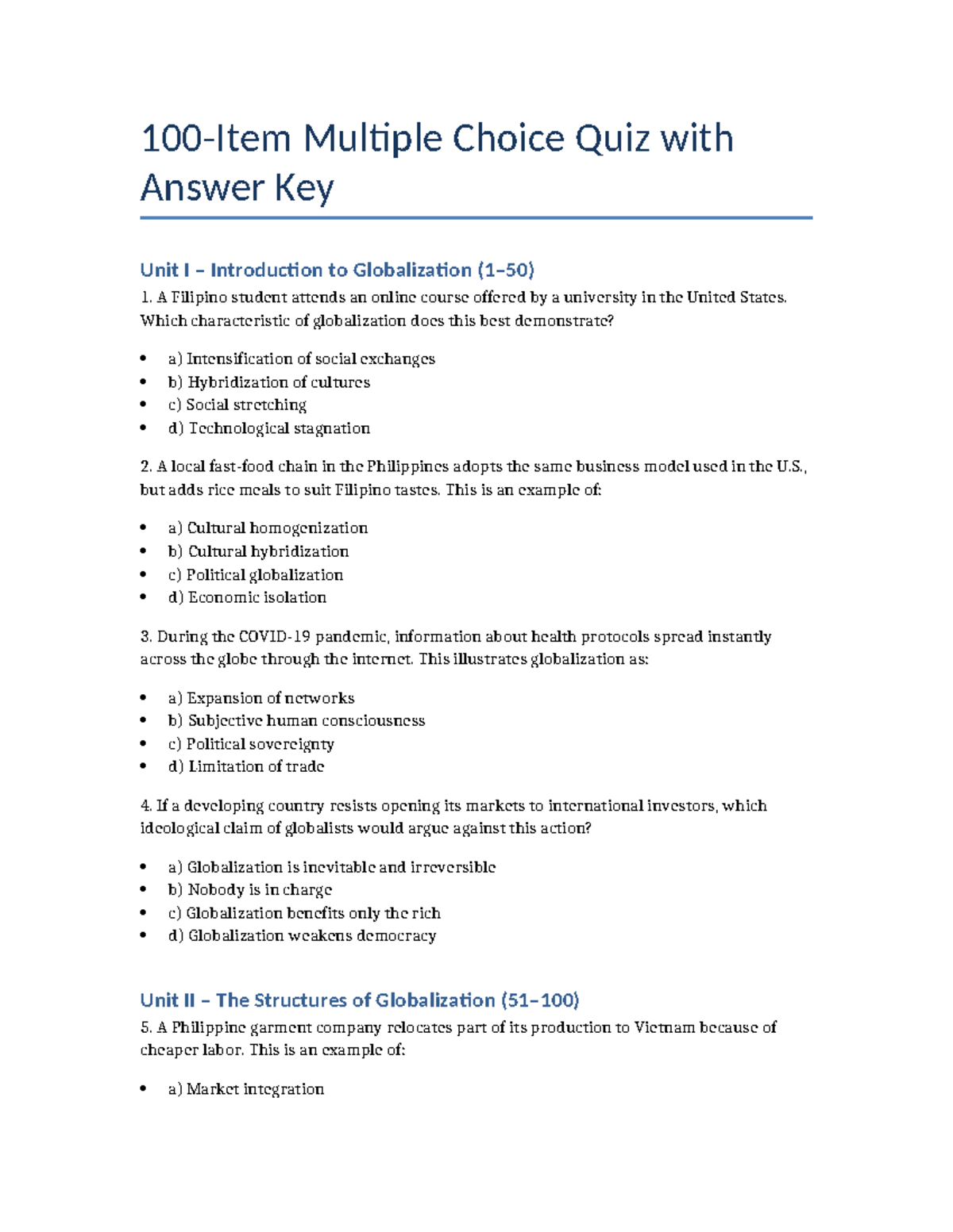 Globalization Quiz (Unit I & II) with Answer Key - Studocu