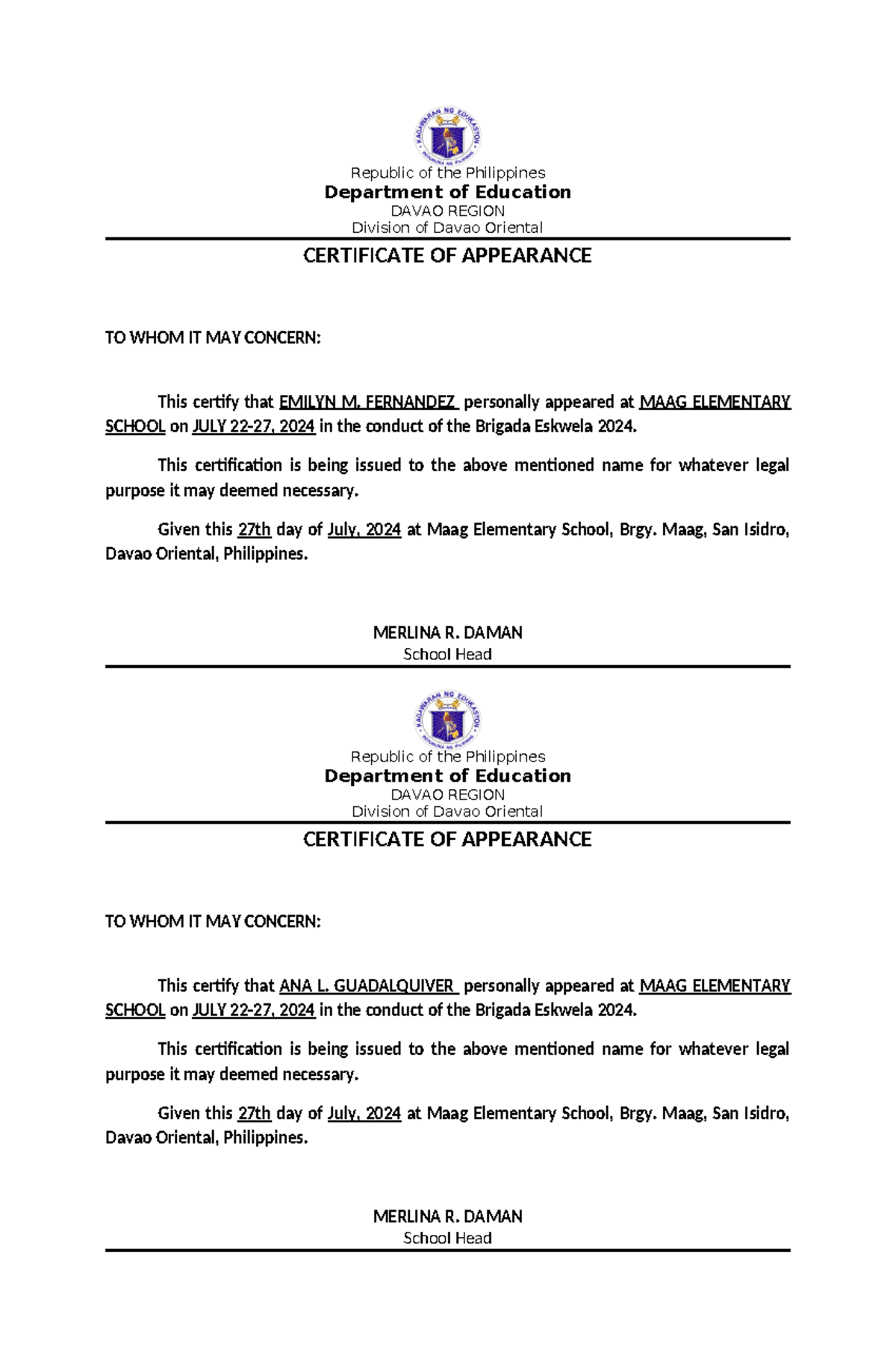 Certificate of Appearance for Brigada Eskwela 2024 Events - Studocu