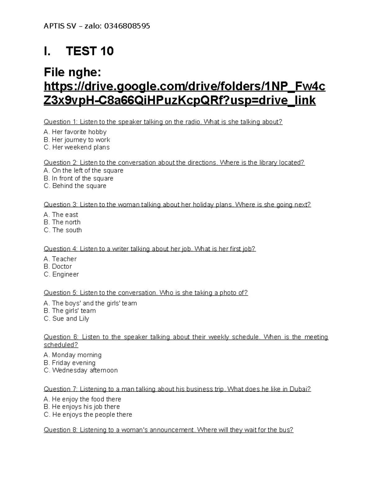 Listening - TEST 10 - APTIS SV Exam Preparation - Studocu