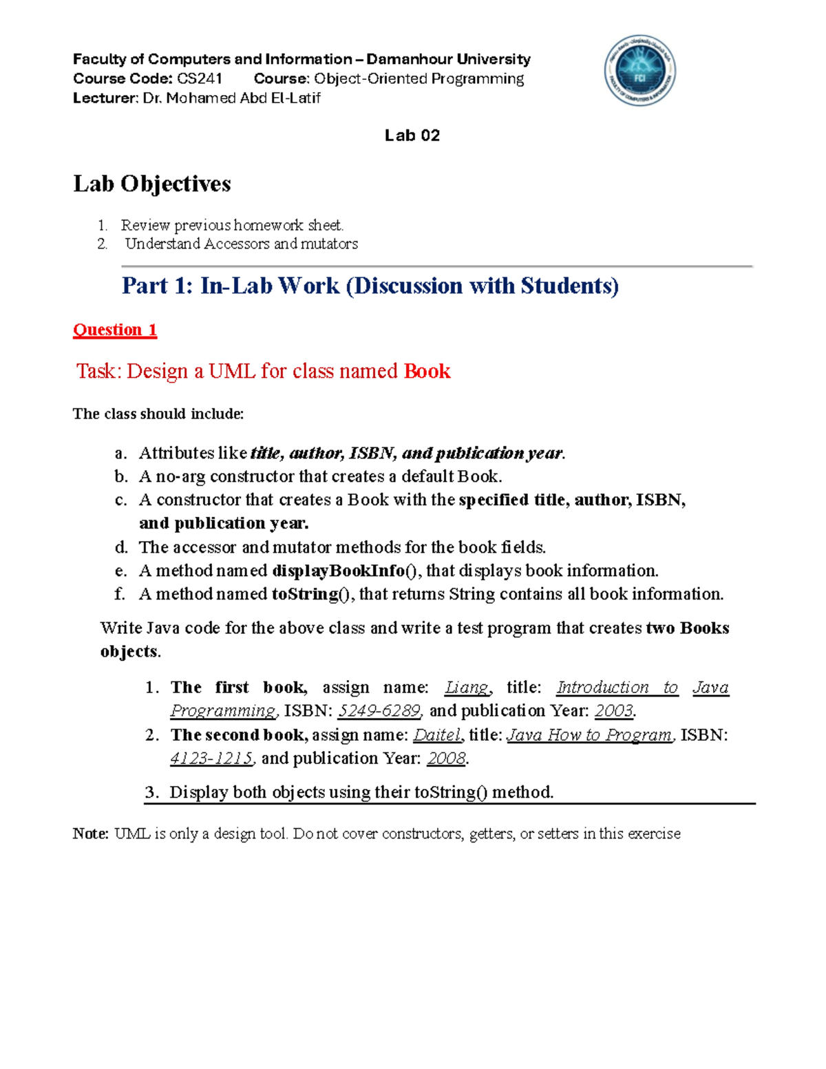 Lab 02 - CS241 Programming Exercises and UML Design - Studocu
