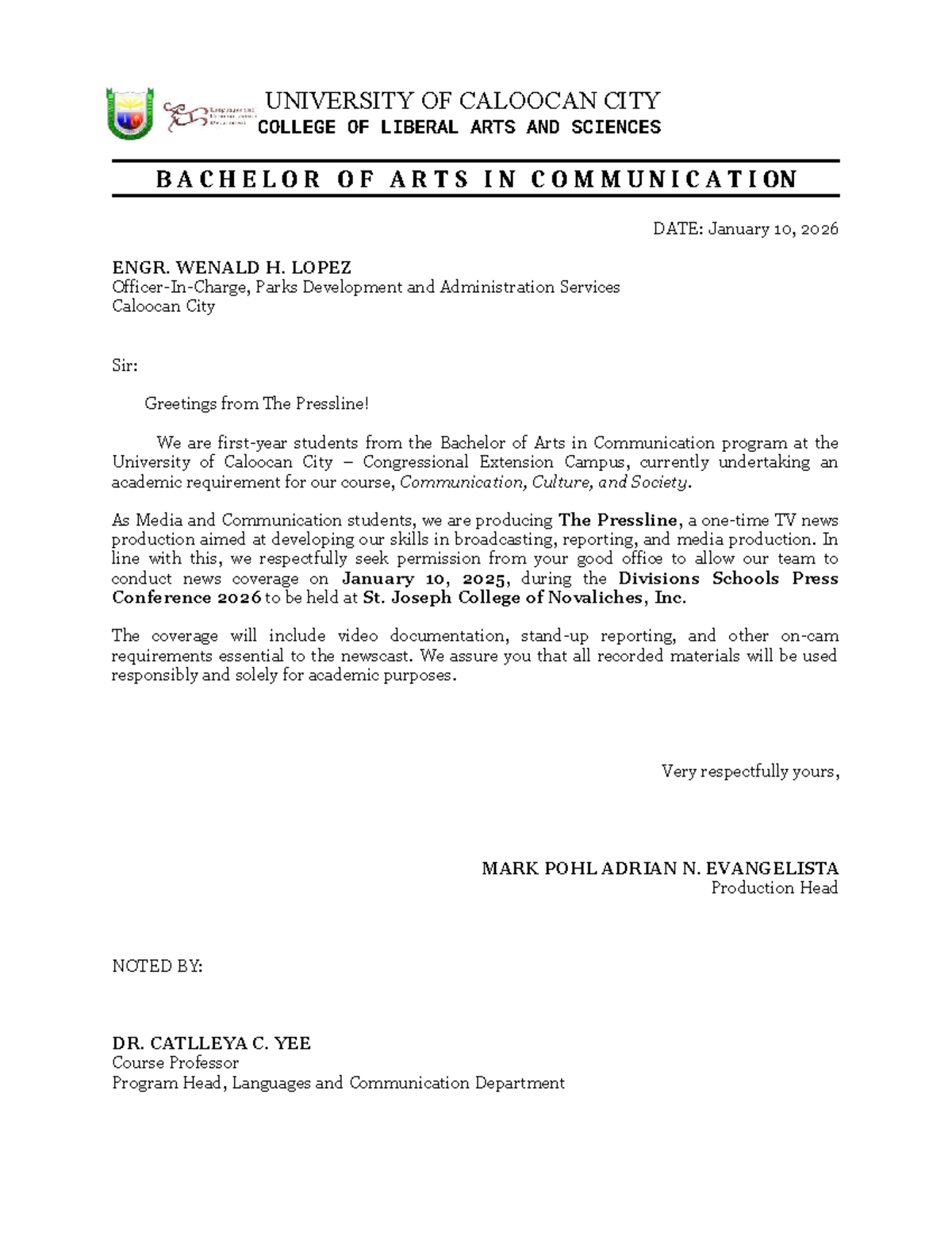 BA in Communication: PDAS Permission Letter for News Coverage - Studocu