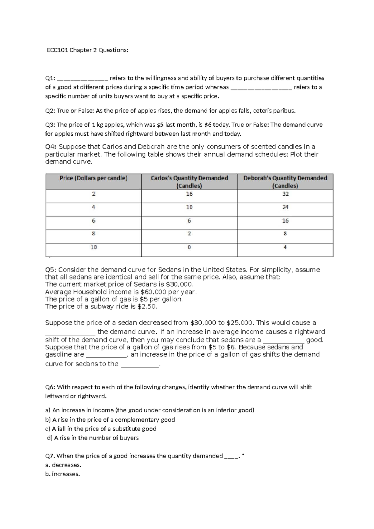 ECC101 Chapter 2 Demand and Supply Questions - Studocu