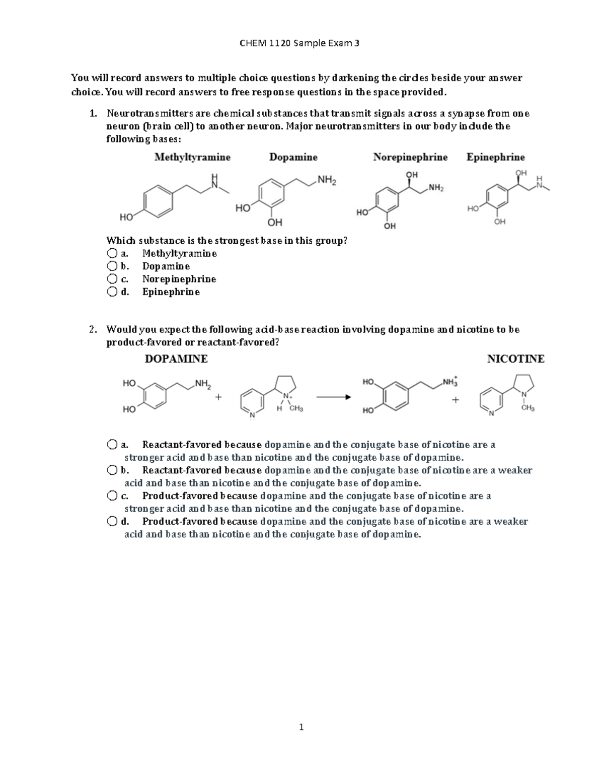 CHEM 1120 Sample Exam 3 Study Guide and Practice Questions - Studocu