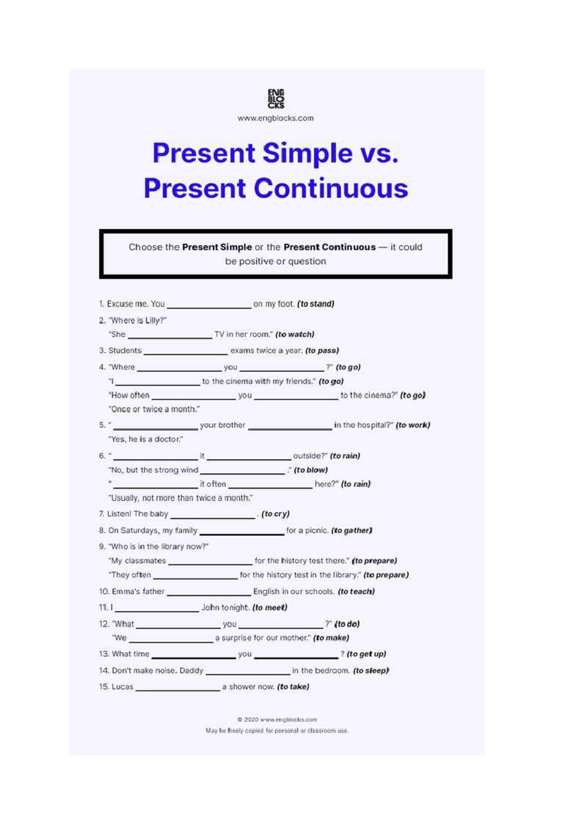 ENG BLO CKS Present Simple vs. Present Continuous Exercises - Studocu