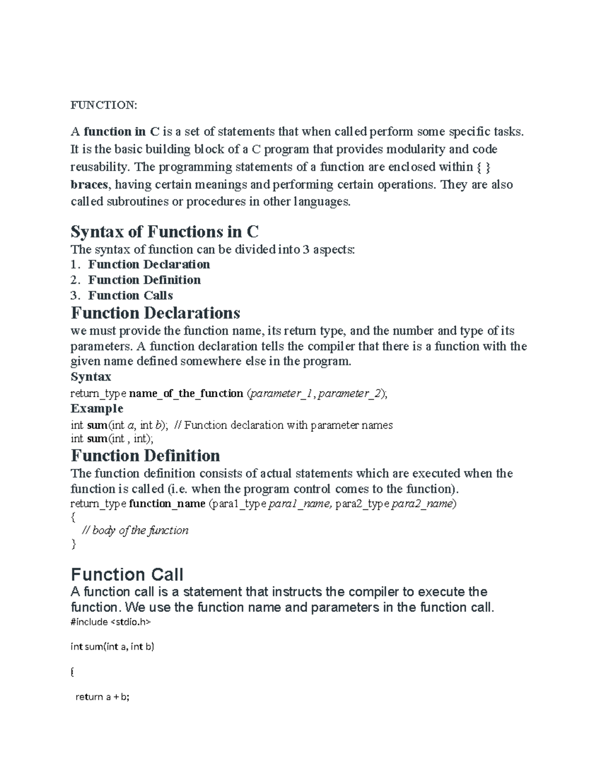 Function - notes - FUNCTION: A function in C is a set of statements ...