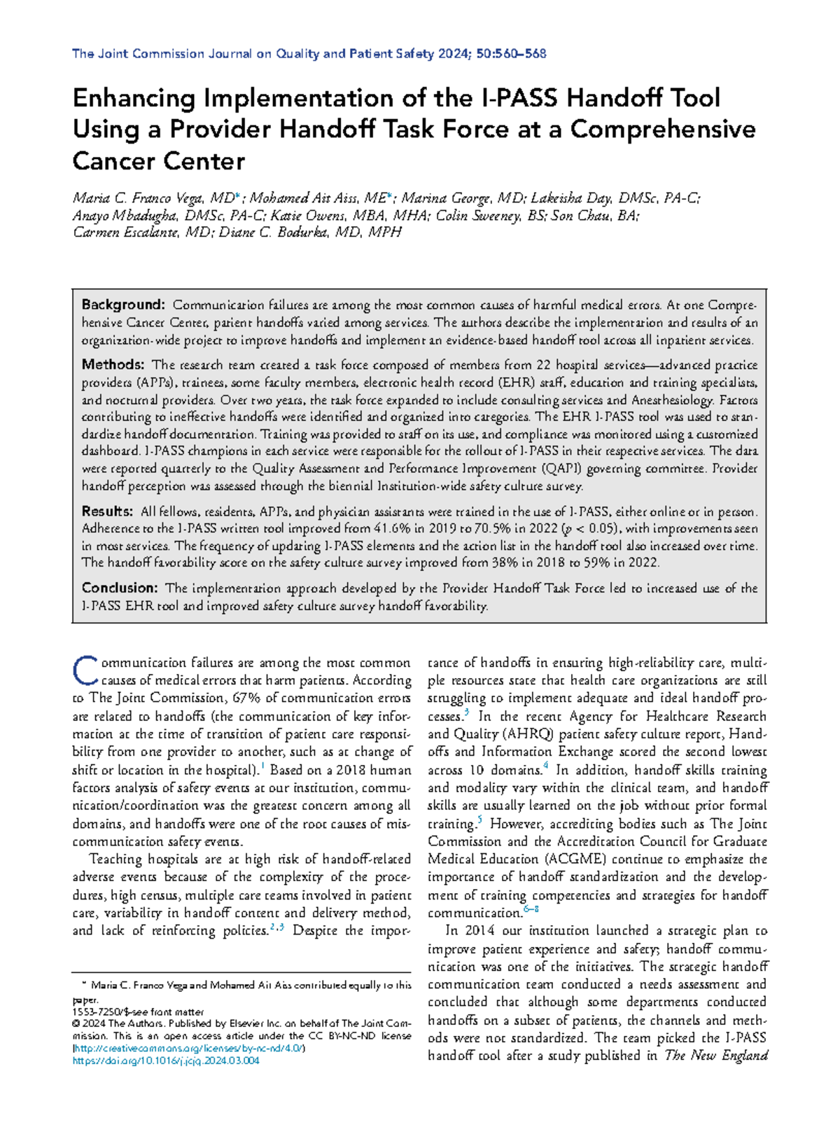Enhancing Handoff Tool Implementation: A QAPI Approach at a Cancer ...
