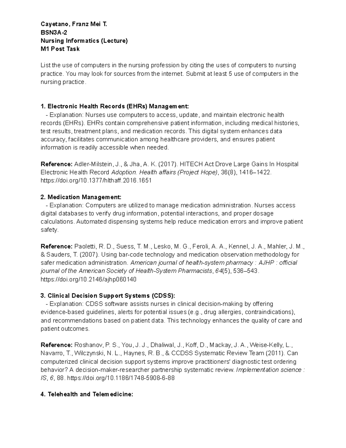 M1 Post Task - Uses of Computers in Nursing Practice Analysis - Studocu