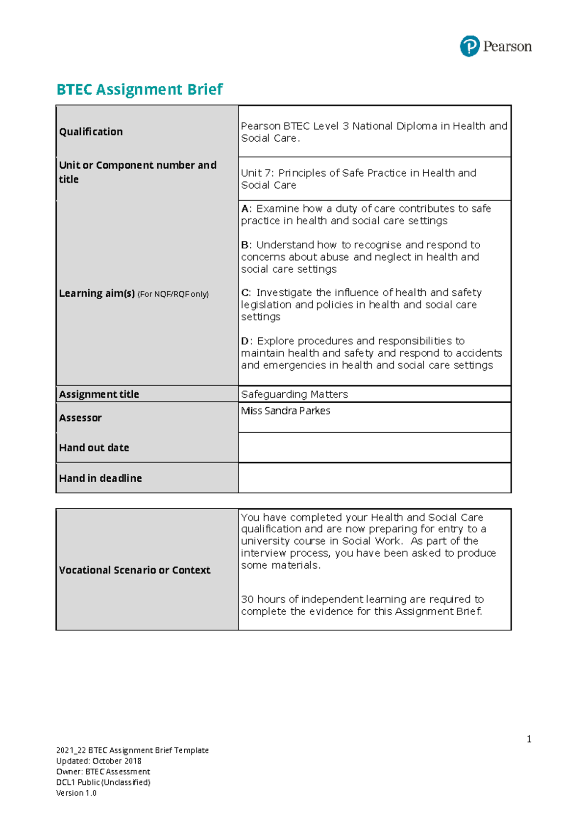BTEC Level 3 Health & Social Care Unit 7: Duty of Care & Safe Practice ...
