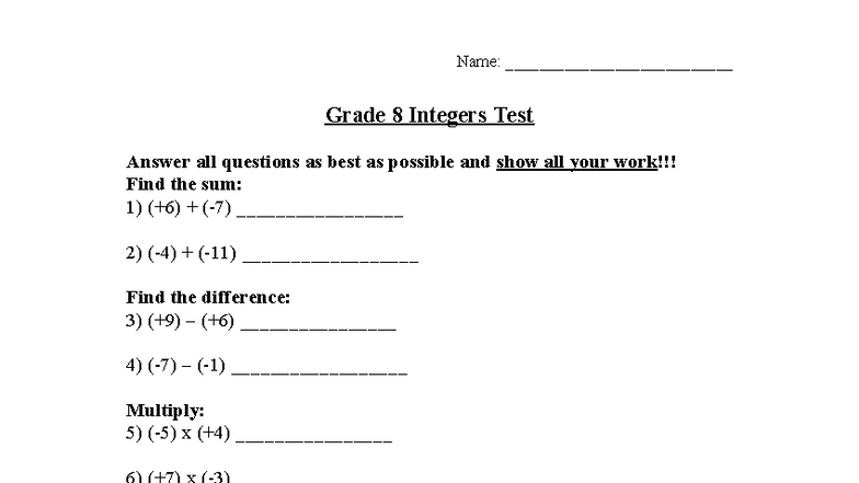 Grade 8 Math Test - Integers & Word Problems (Test) - Studocu
