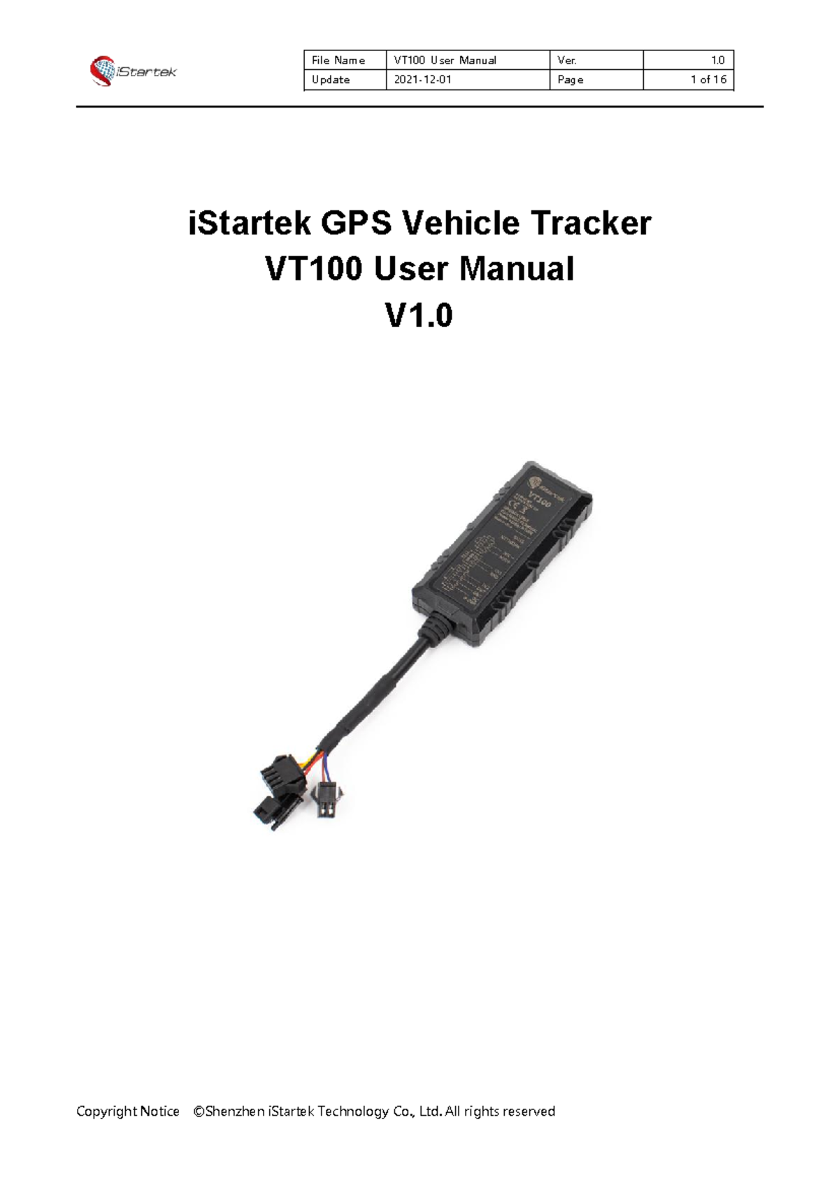 VT100 GPS Tracker User Manual V1 - Update 2021-12-01 Page 1 of 16 ...