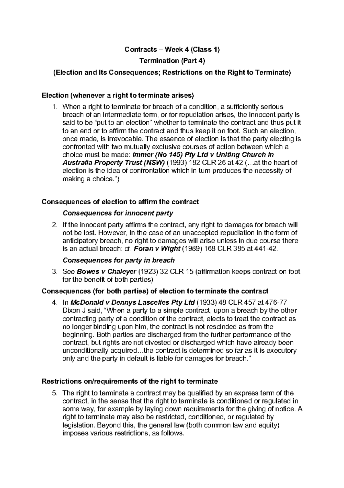 Contracts Outline - Week 4 Class 1 - Contracts – Week 4 (Class 1) Termination (Part 4) (Election ...