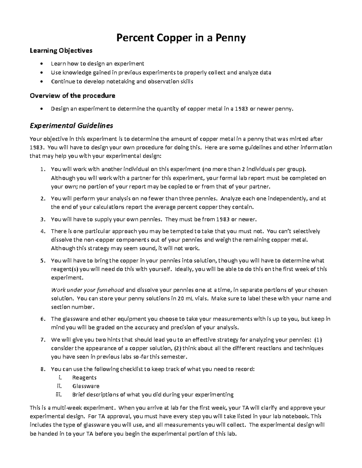 Copper Content Analysis in a Penny: CHEM 105 Lab Report Guide - Studocu