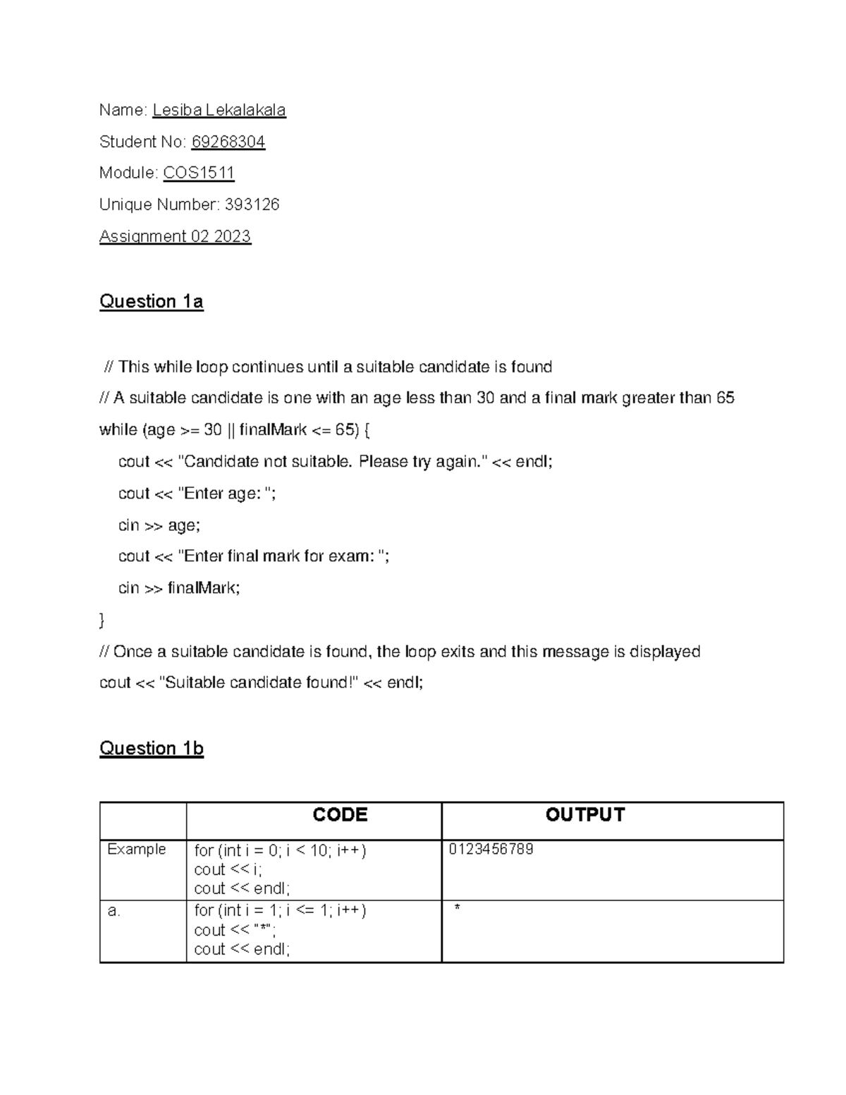 COS1511 Assignment 02 2023 31May - Name: Lesiba Lekalakala Student No ...