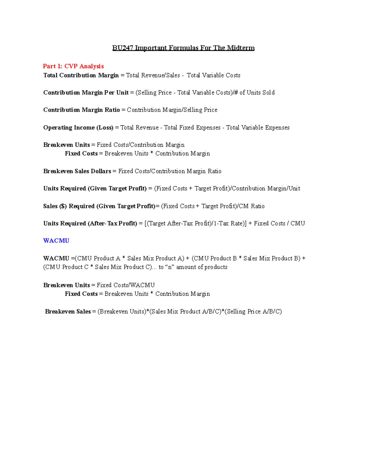 BU247 Midterm Important Formulas: CVP & Process Costing - Studocu