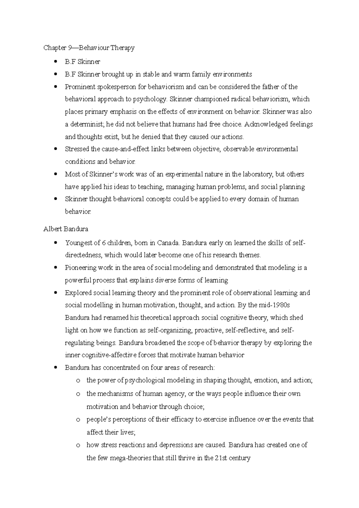 Behaviour Therapy - Chapter Notes on Skinner & Bandura - Studocu