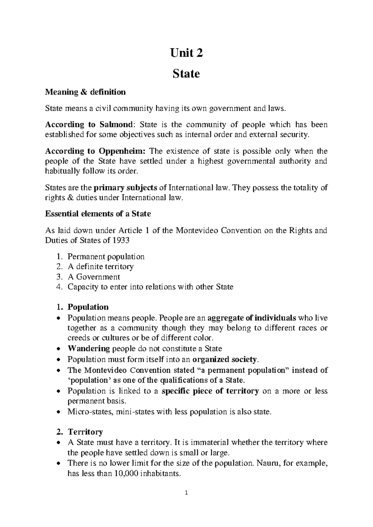 PIL Unit 2: Understanding the Definition and Elements of a State - Studocu