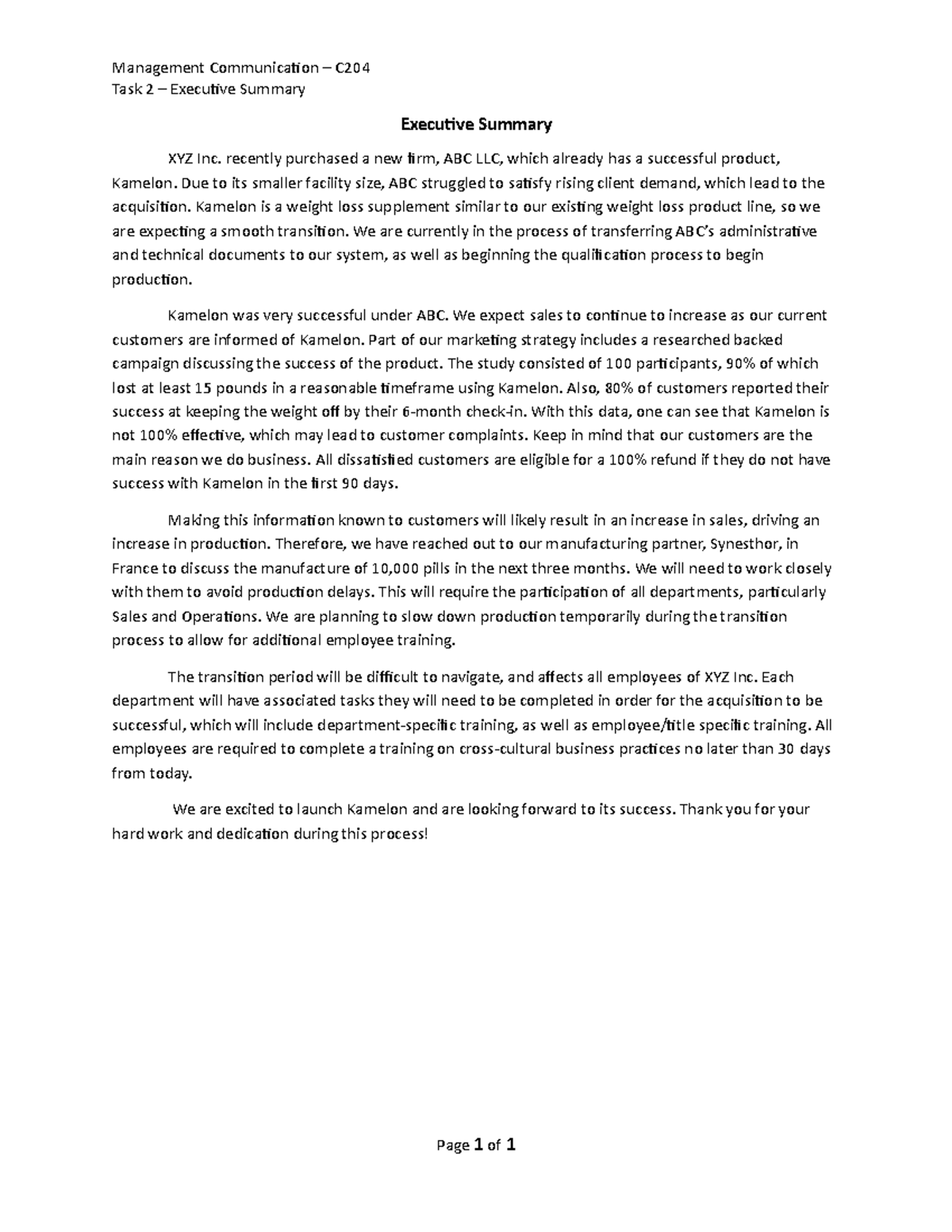 C204 Management Communication Task 2 - Management Communication – C ...