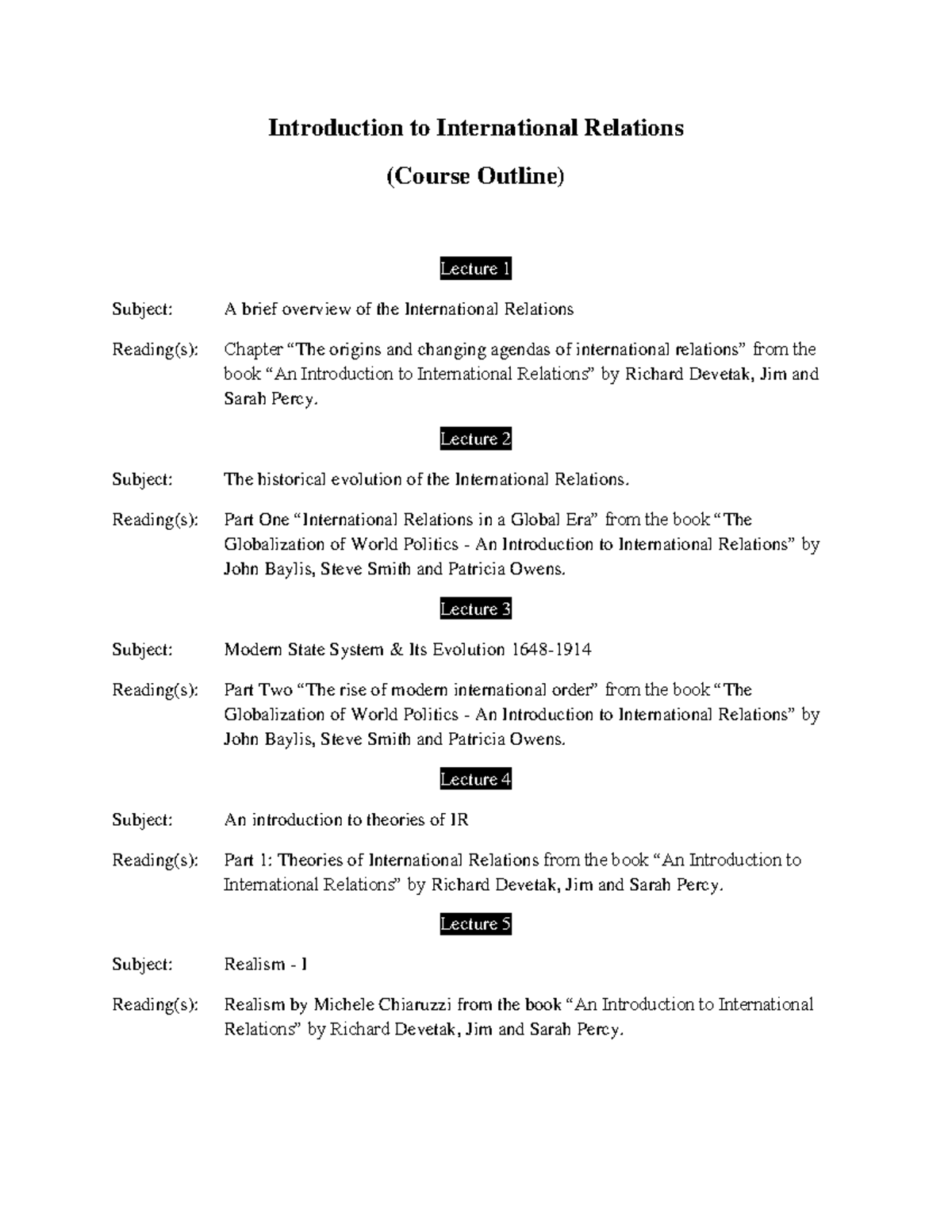 Introduction to IR Course Outline - Introduction to International ...