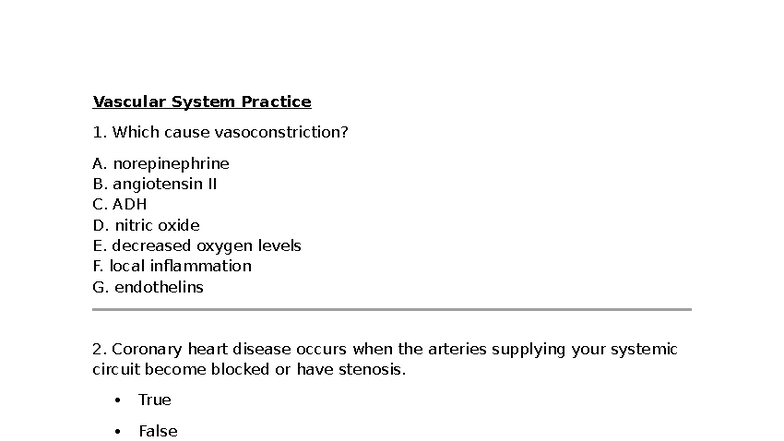 Vascular System Practice Questions (BIO 101) - Studocu