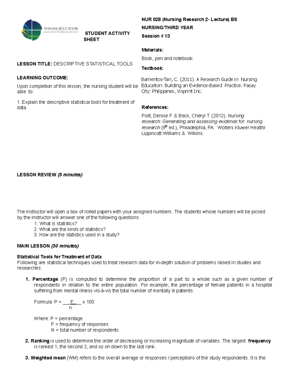 NUR 028 - Lesson 13 - Descriptive Statistical Tools in Nursing Research ...