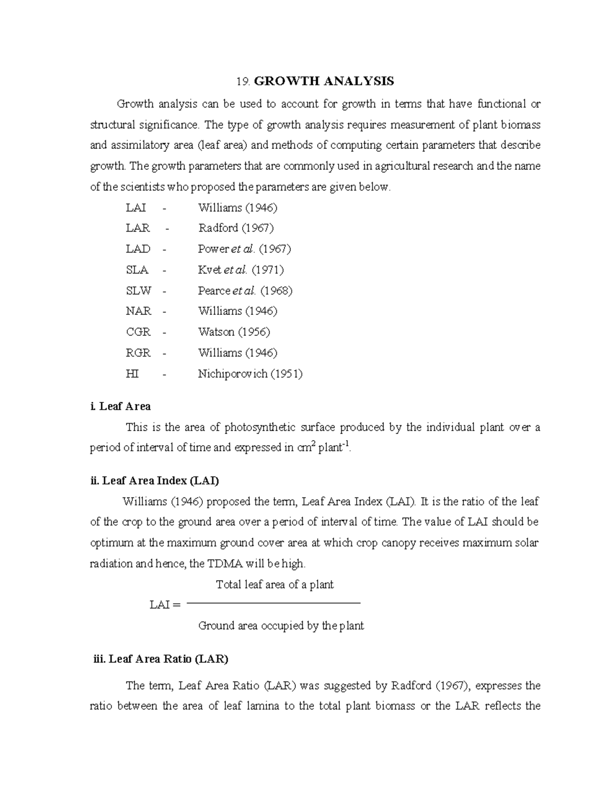 19. AGR 301: Crop Growth Analysis Notes on Biomass & Growth Parameters ...