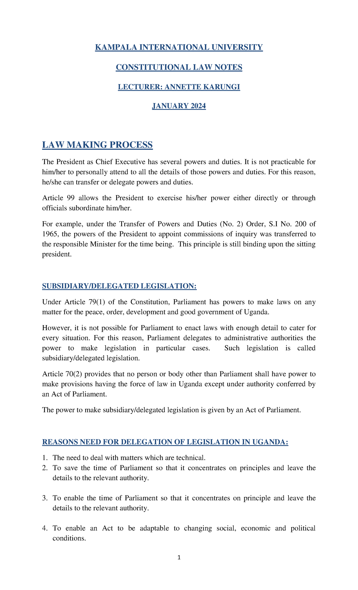 KAMPALA INTERNATIONAL UNIVERSITY LAW 101: Constitutional Law Notes on ...
