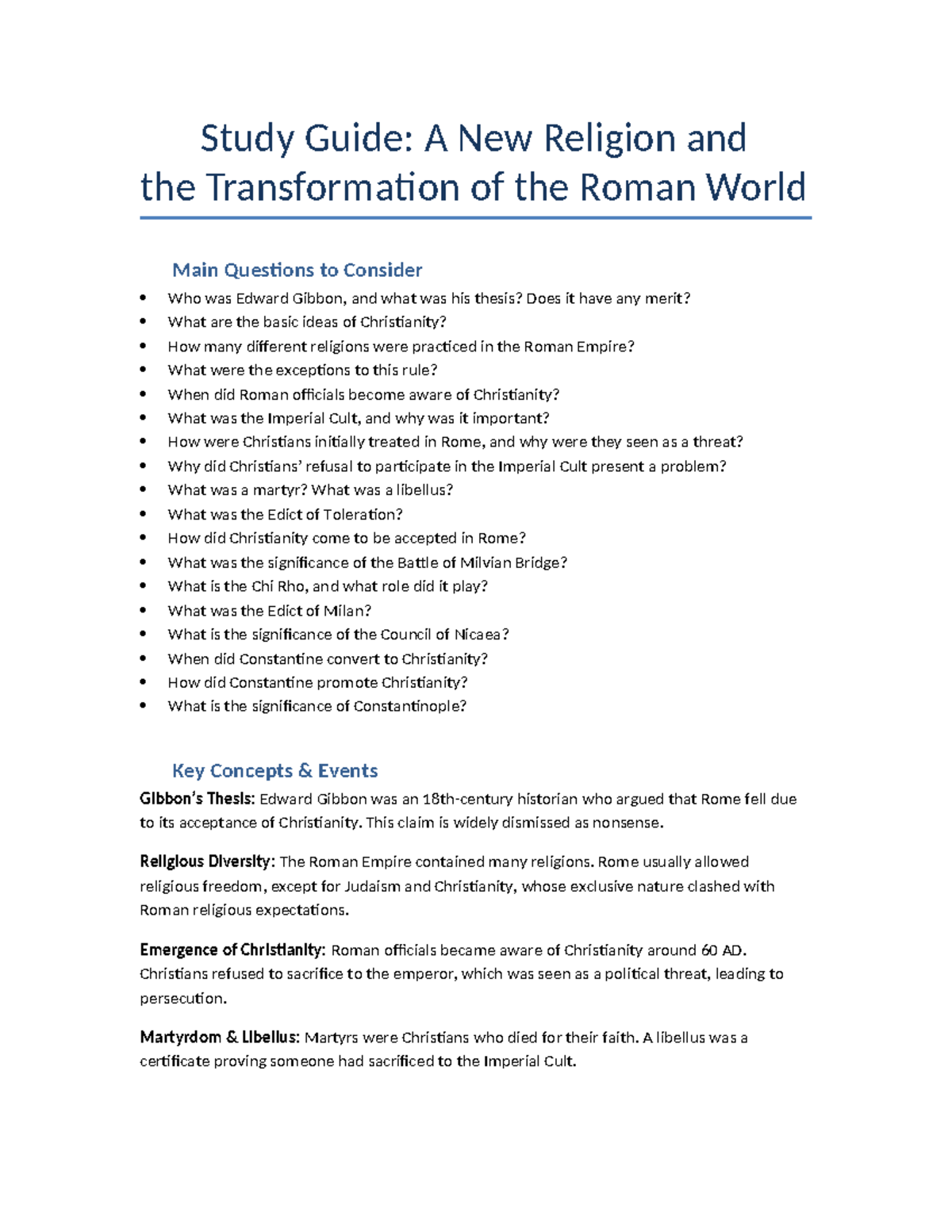Study Guide: Christianity's Rise & Impact in the Roman Empire (HIST 101 ...