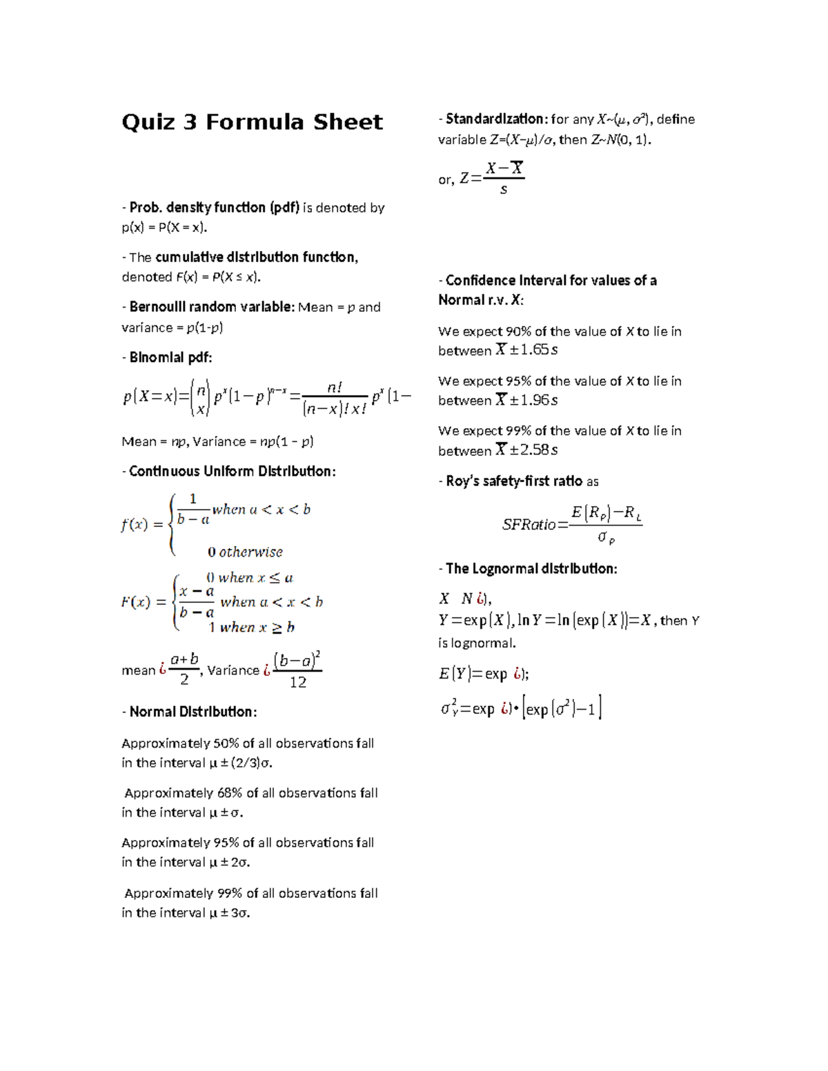 Quiz 3 Formula Sheet: Standardization and Probability Distributions ...