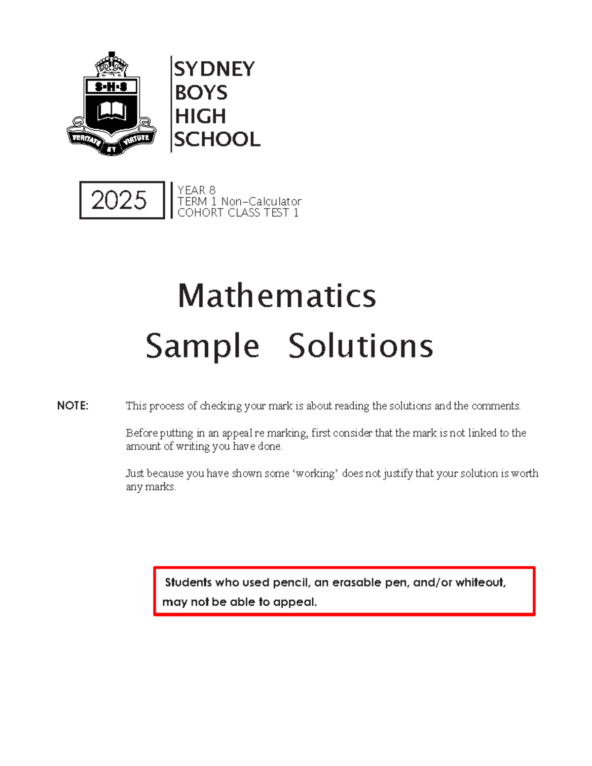 SBHS 2025 Y8 CCT 1 Mathematics Sample Solutions and Comments - Studocu