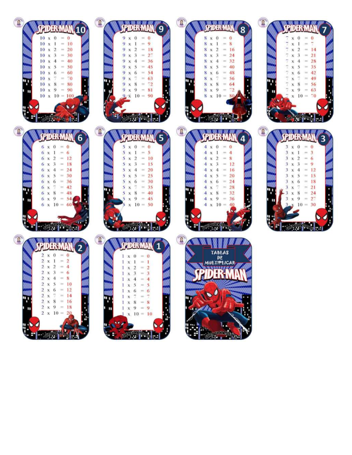 Tablas de Multiplicar Spiderman - 2 10 9 8 7 10 X 0 0 9 x 0 0 8 x 0 0 7 ...