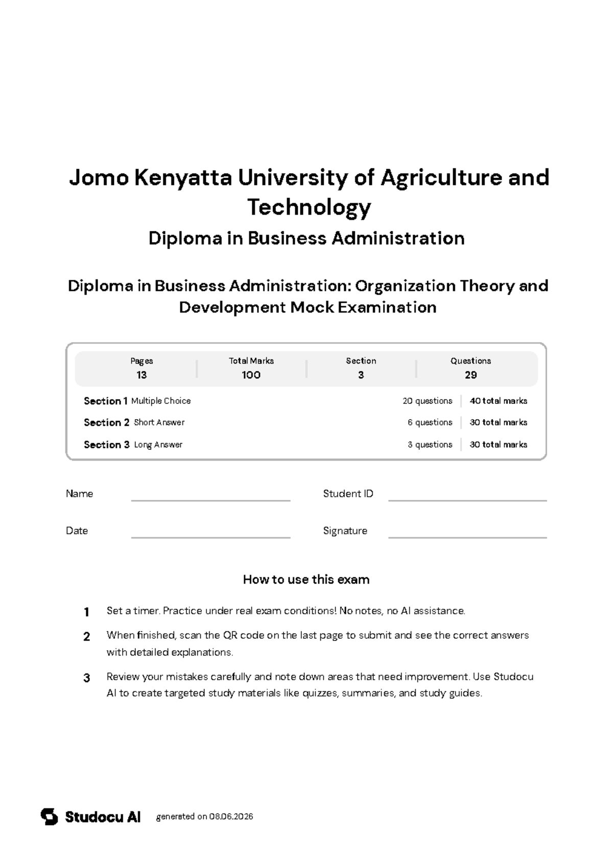 Diploma in Business Admin: Org Theory Mock Exam - Studocu