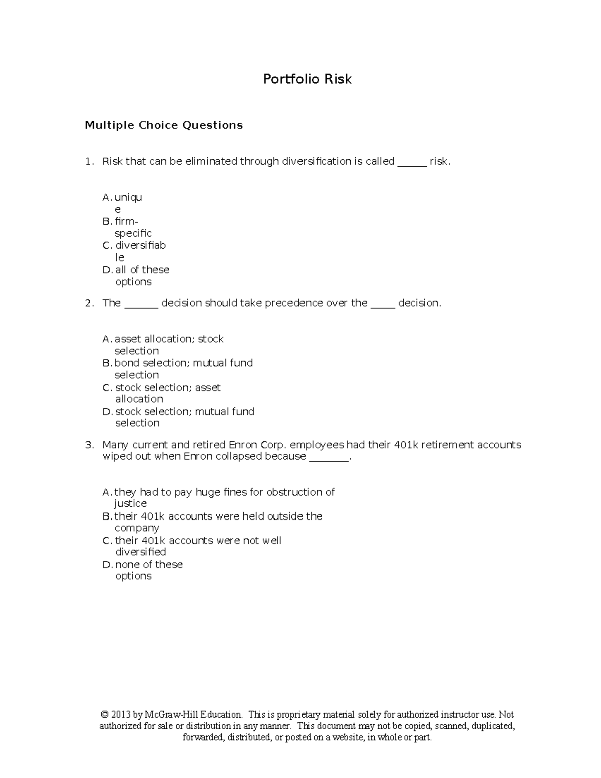 Portfolio Risk multichoice handout - Portfolio Risk Multiple Choice ...