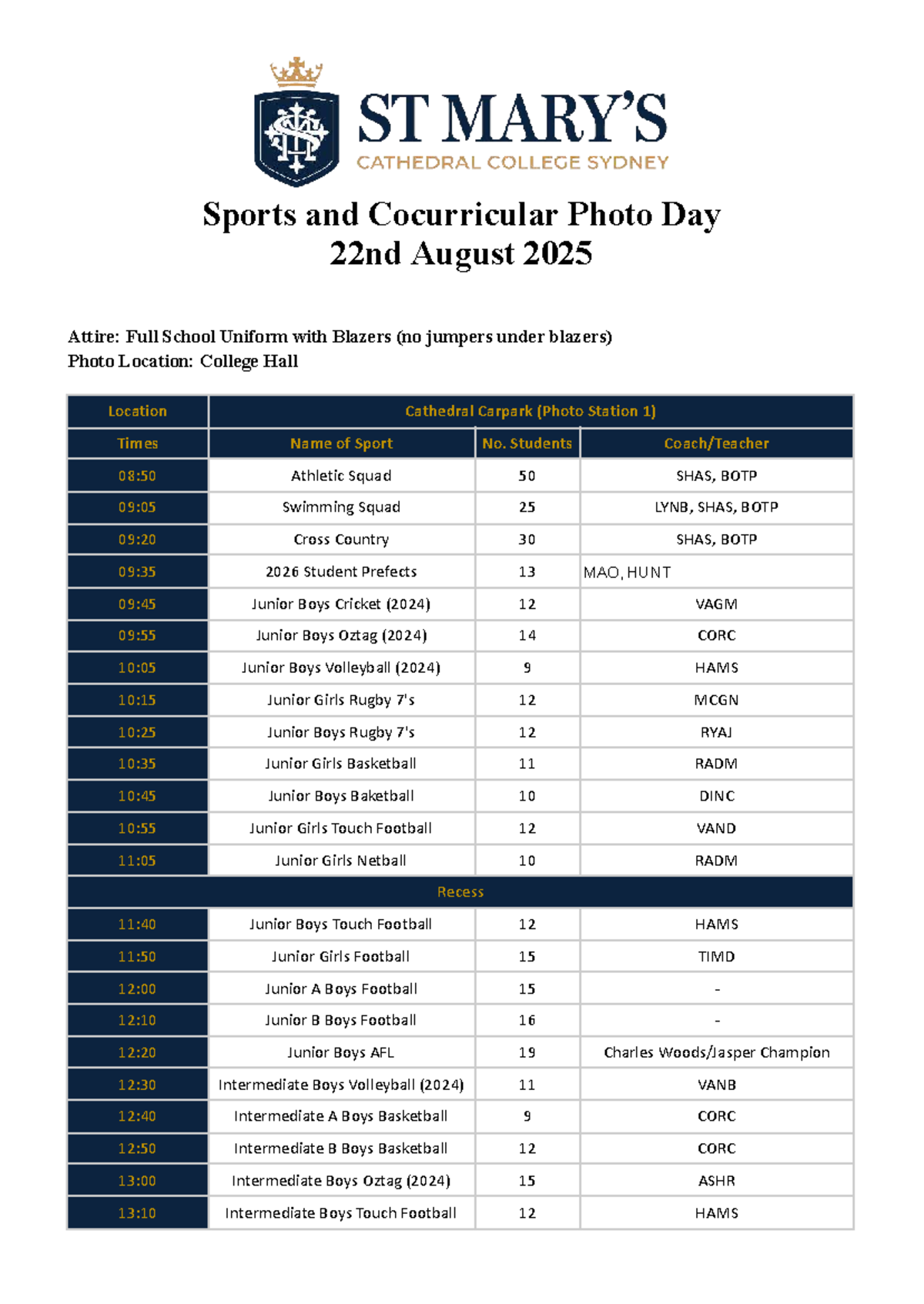 2025 Cocurricular Photo Day Schedule - Full Uniform Required - Studocu