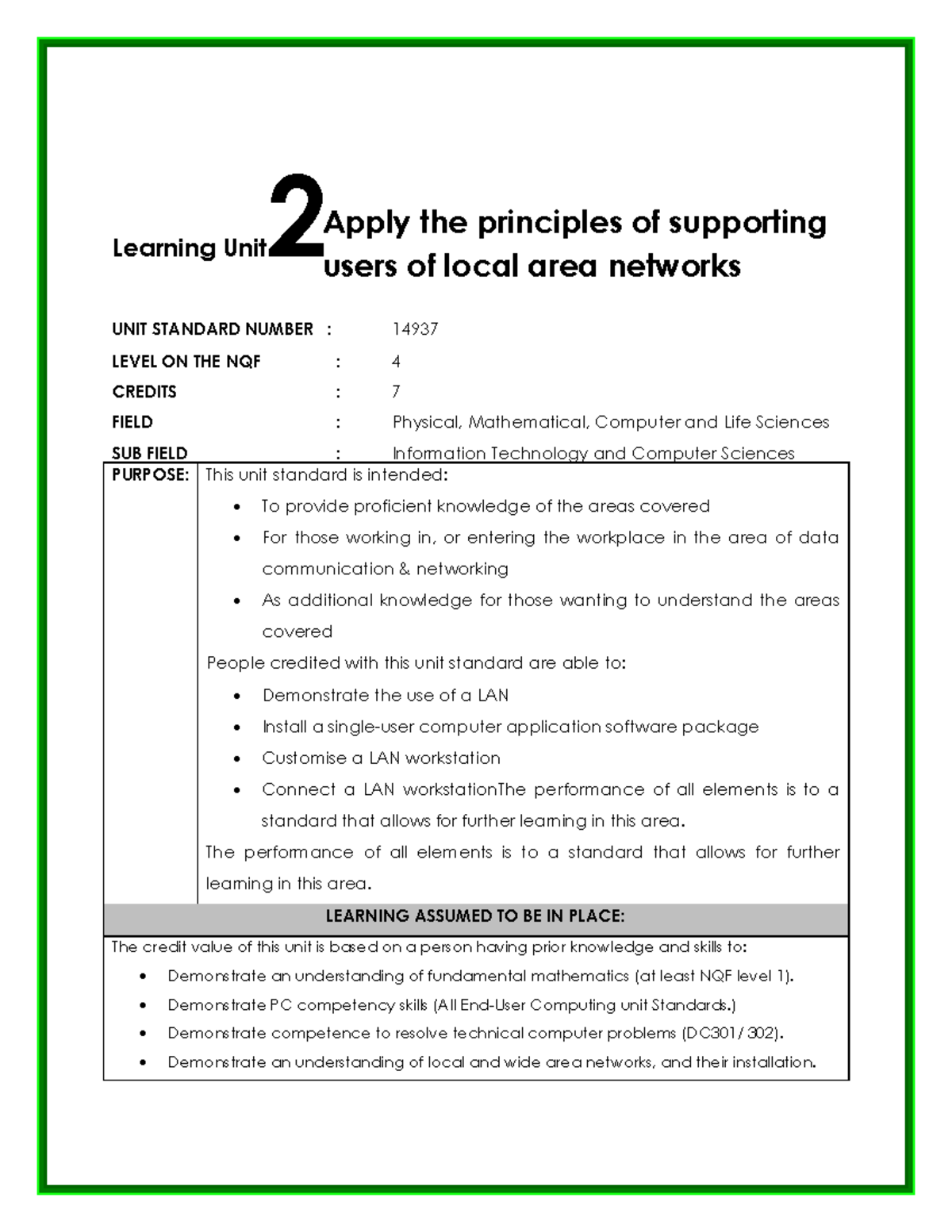 Supporting Users in a LAN - Unit Std: 14937, NQF Level 4 - Studocu