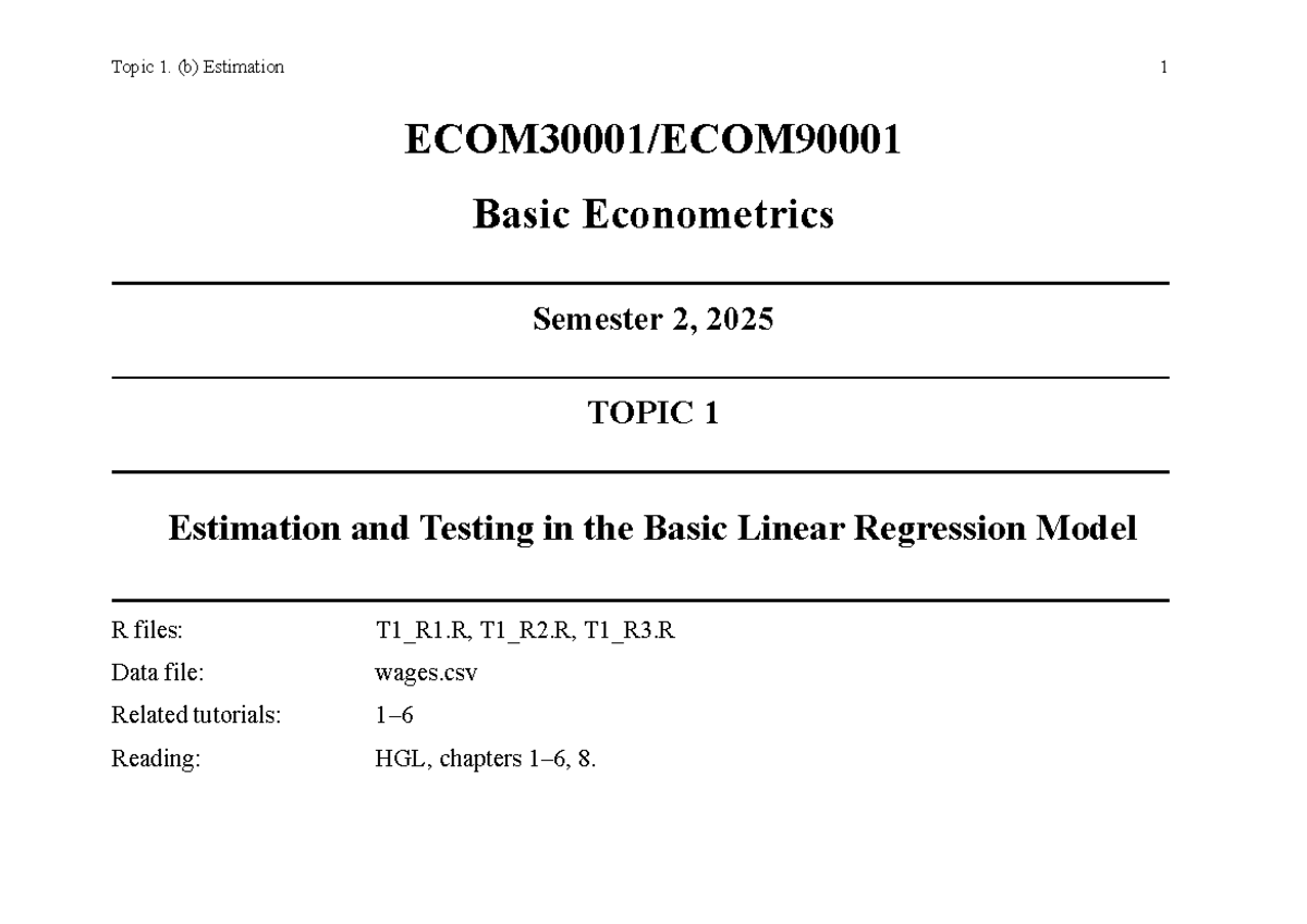 Topic 1 (b) Estimation: OLS in Basic Econometrics - Lecture Notes - Studocu