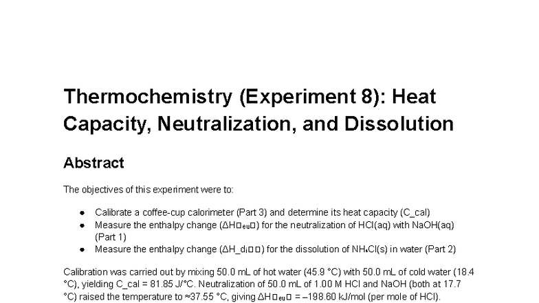 Thermochemistry Lab (CHEM 101): Heat Capacity & Enthalpy Changes - Studocu