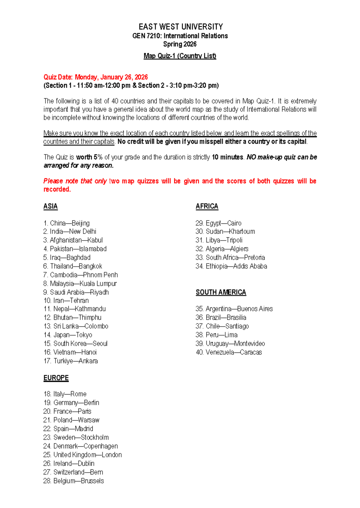 EAST WEST UNIVERSITY GEN 7210: Map Quiz-1 Country List Spring 2026 ...