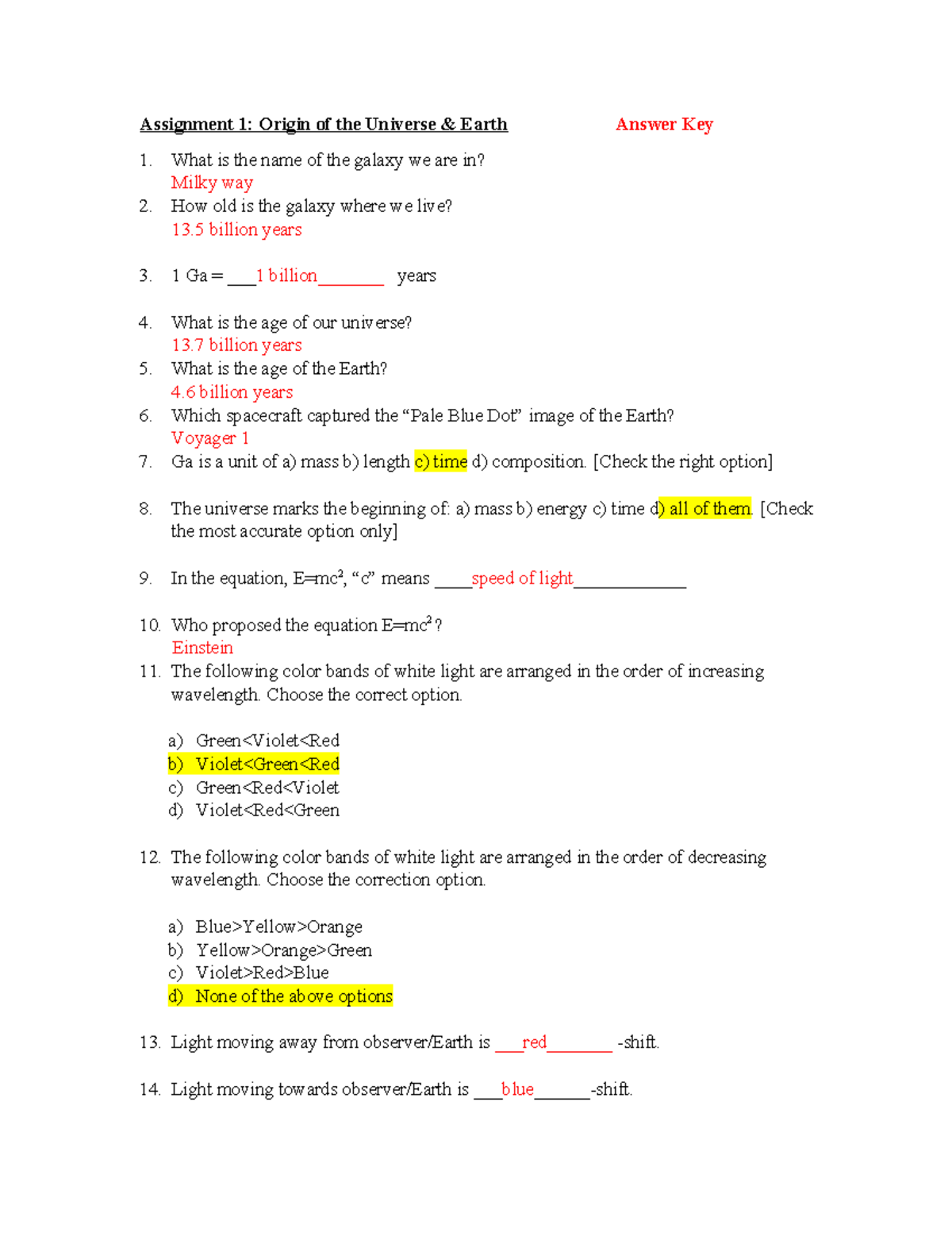 Final Exam Answer Key: Origins of the Universe & Earth (Course Code ...