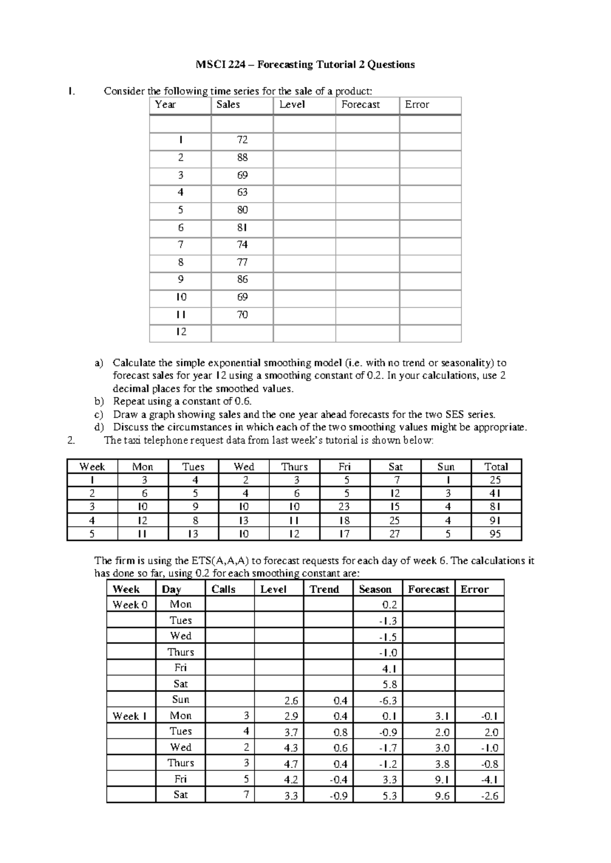 MSCI 224 Forecasting Tutorial 2: Sales & Call Forecasting Analysis ...