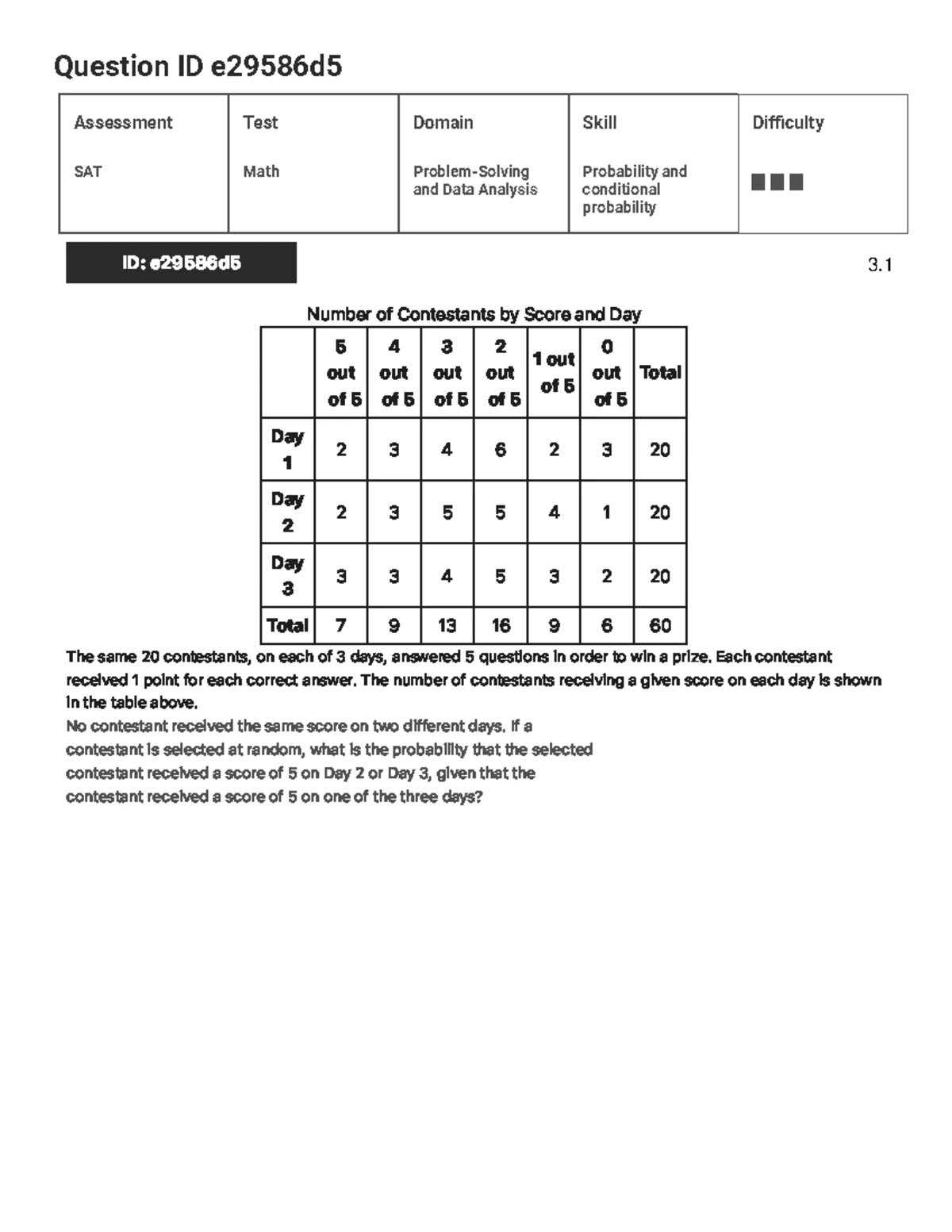 Probability and conditional probability assessment test SAT Math 2 ...
