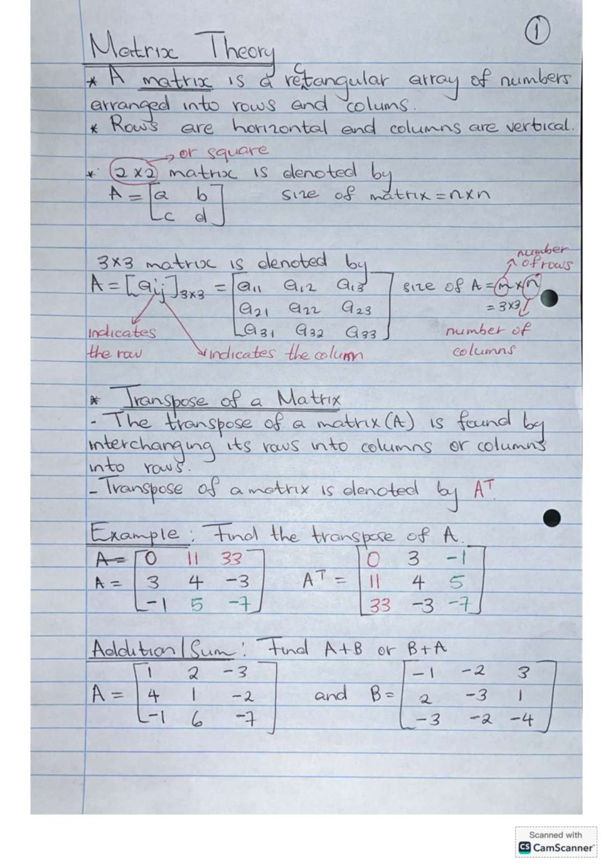 Matrix Theory Notes - MATH1A: Transpose, Addition, Inverse & More - Studocu