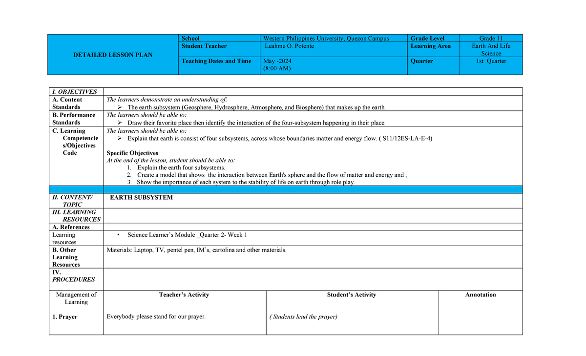 Earth Subsystem LP 1 - Detailed Lesson Plan for Grade 11 - Studocu