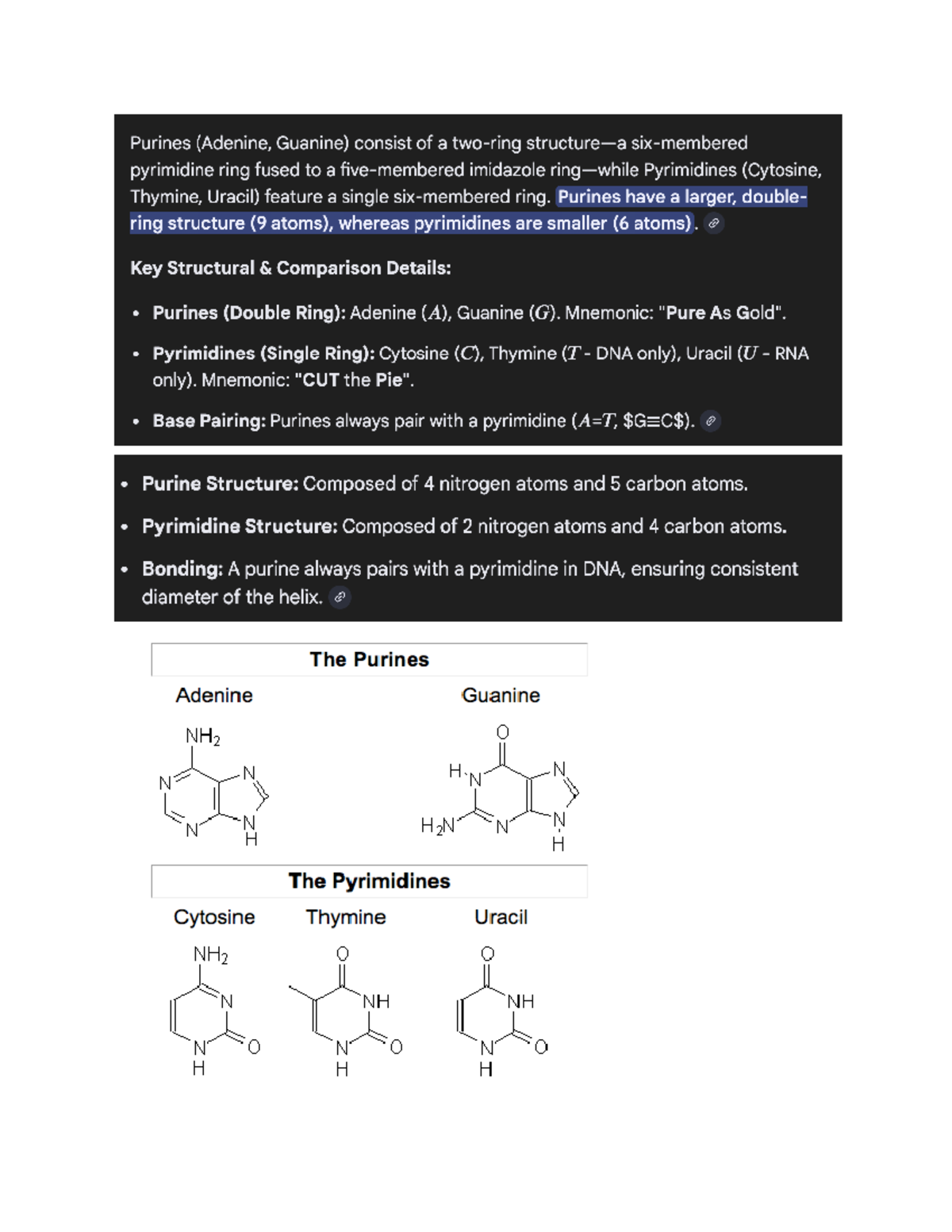 Purines vs Pyrimidines: Key Structural Comparisons and Pairing - Studocu